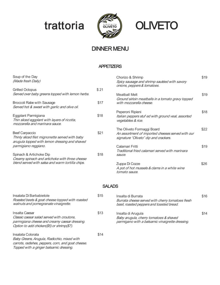 Dinner Menu – Trattoria Oliveto