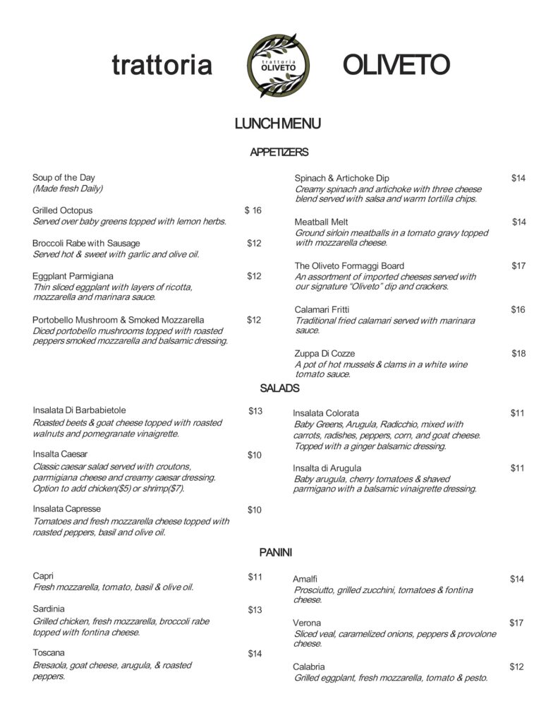Lunch Menu – Trattoria Oliveto